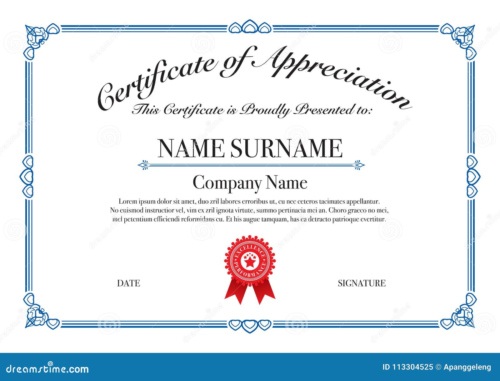 Blue Border Certificate of Appreciation for Excellence Performance ...