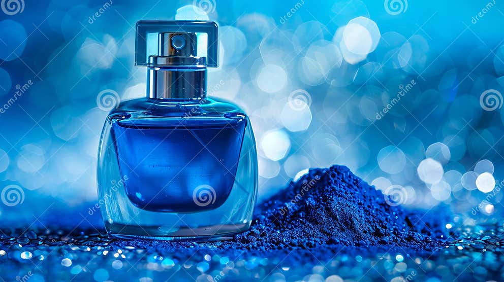 A Blue Bottle of Perfume on a Shiny Surface Stock Image - Image of ...