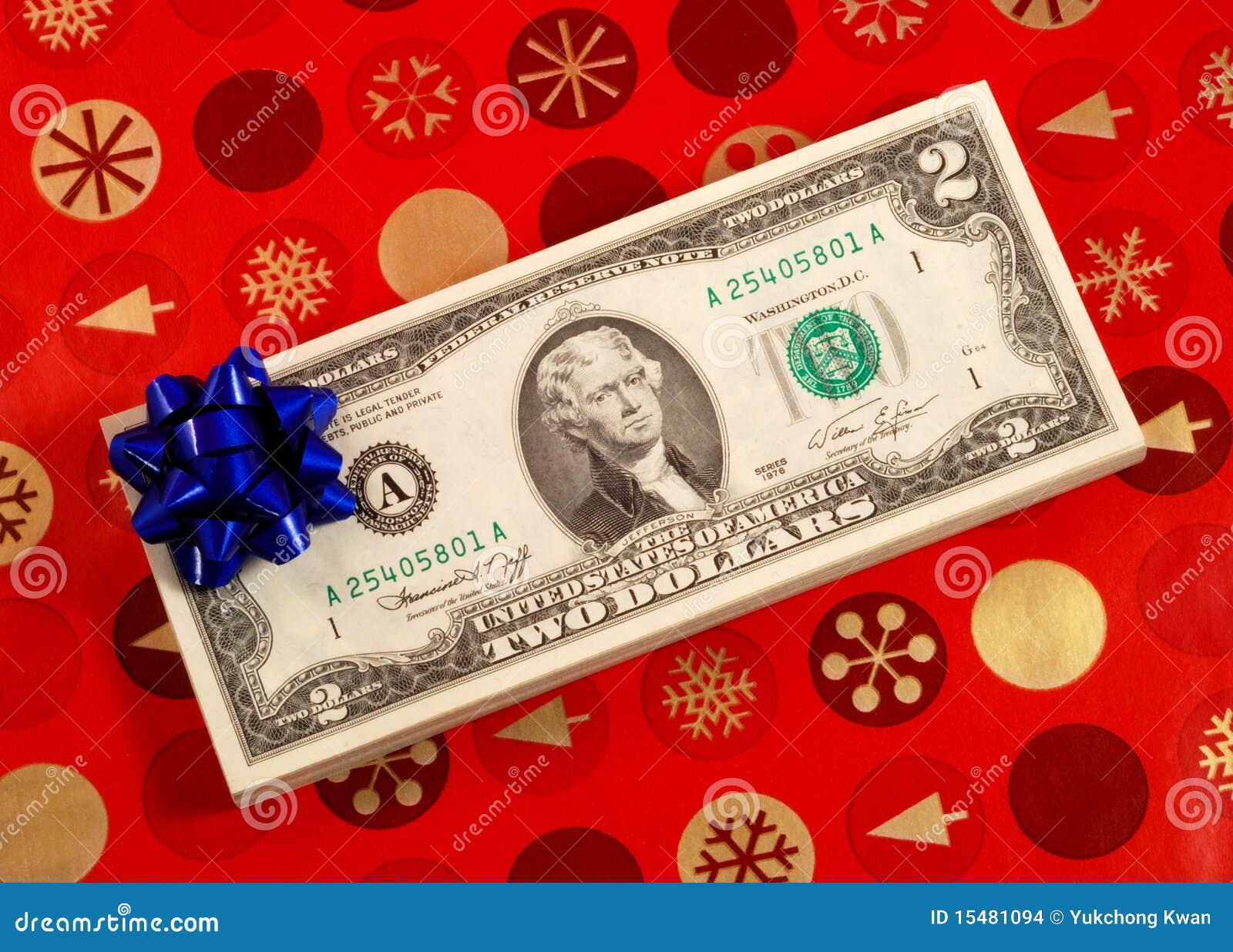 Blue Bow on a Stack of Two Dollar Bills Stock Photo - Image of dollar ...