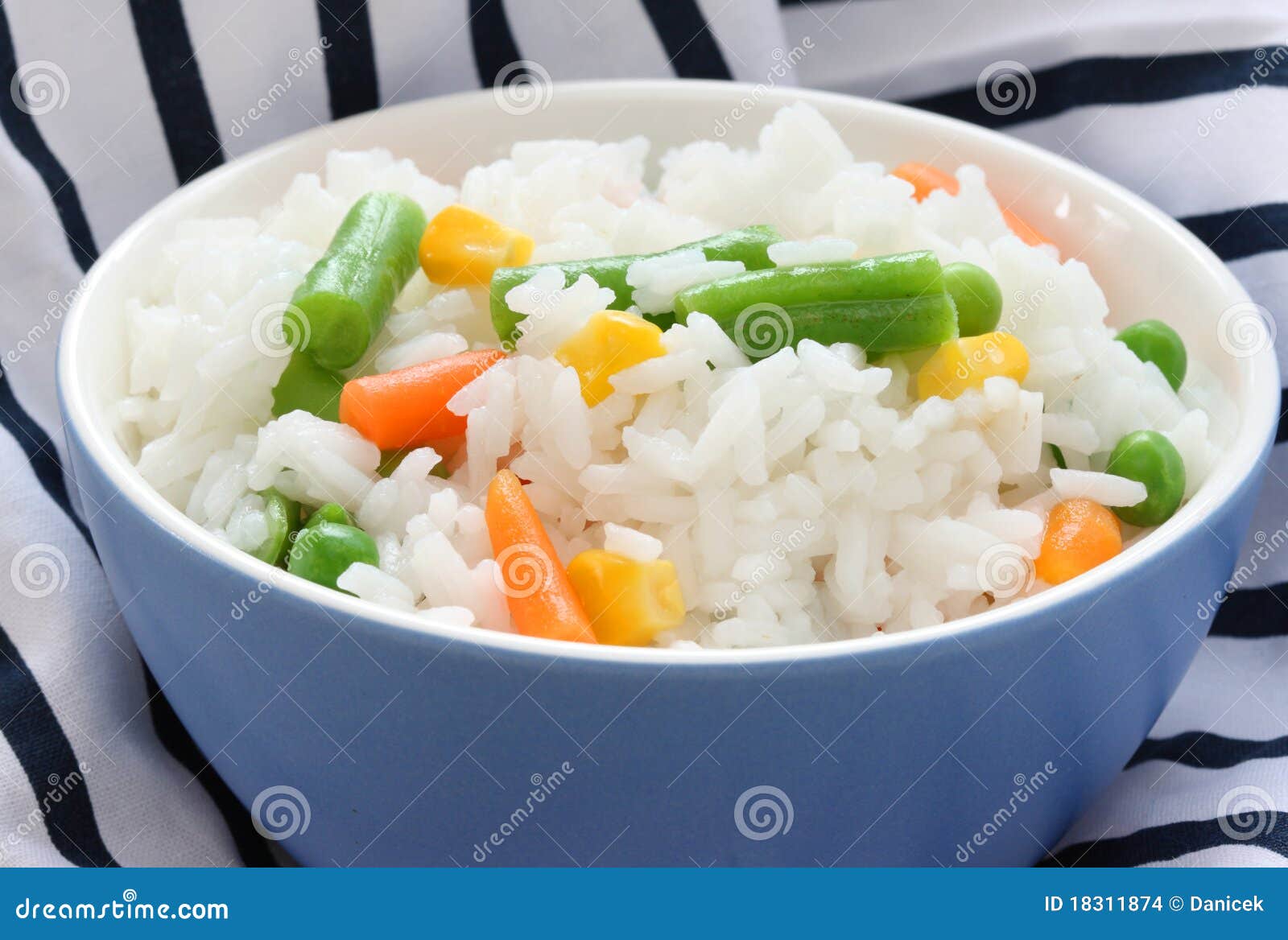Blue Bowl with Cooked Rice with Mixed Vegetable Stock Photo - Image of ...