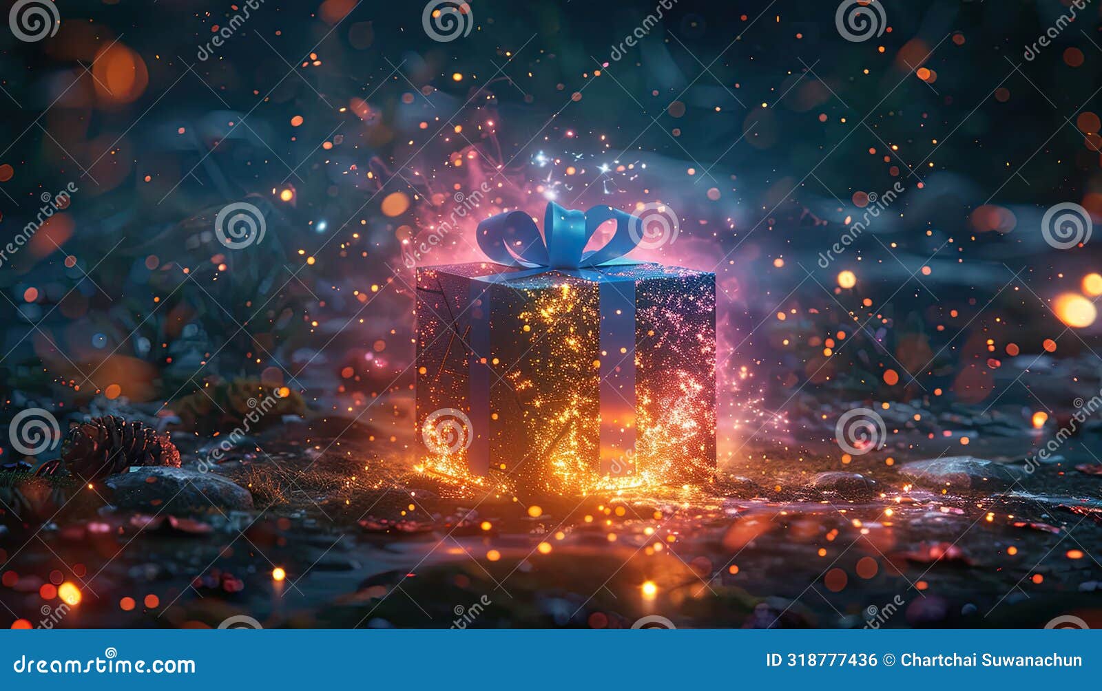 A Blue Box with a Blue Ribbon is Exploding in a Colorful Explosion of ...