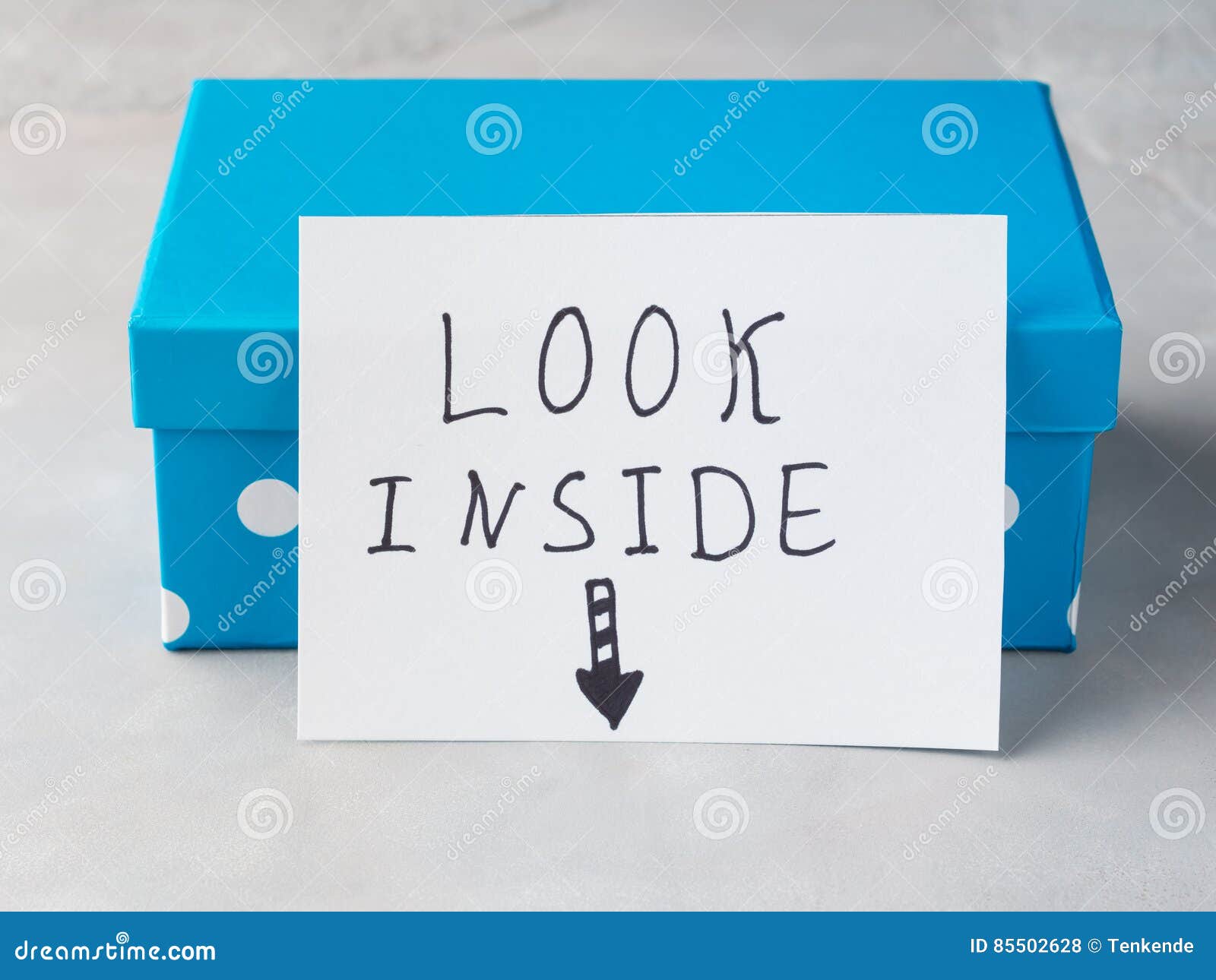 Blue Box with Paper Card Look Inside Stock Photo - Image of surprise ...