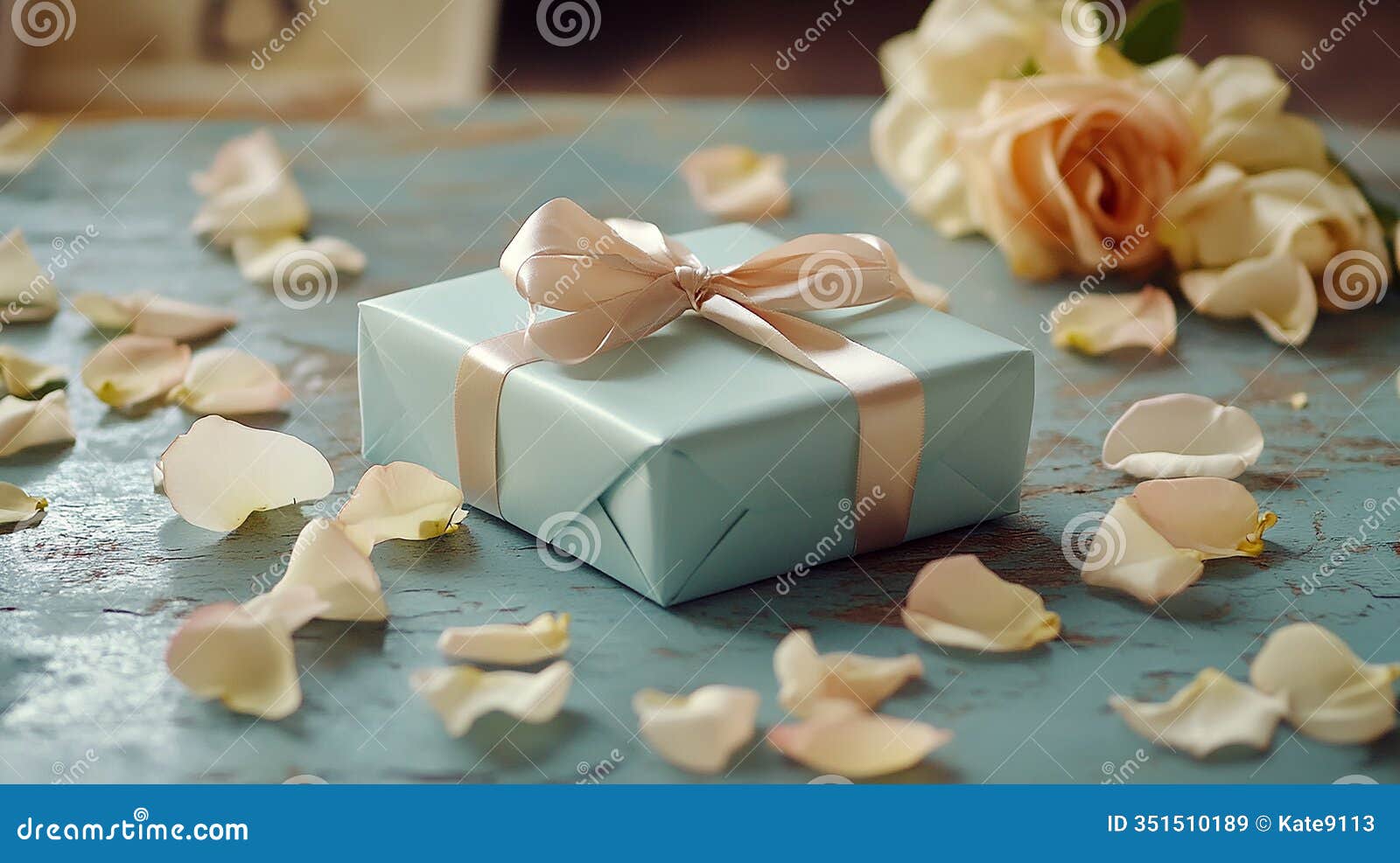 A Blue Box with Pink Ribbon Sits on a Table Covered in Pink Petals. the ...