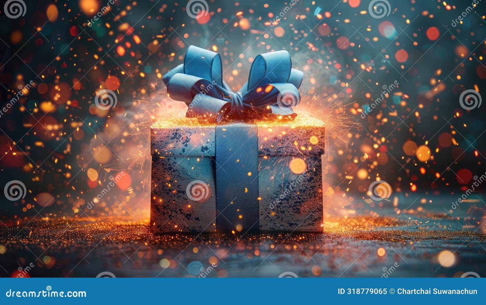 A Blue Box with a Blue Ribbon is Exploding in a Colorful Explosion of ...