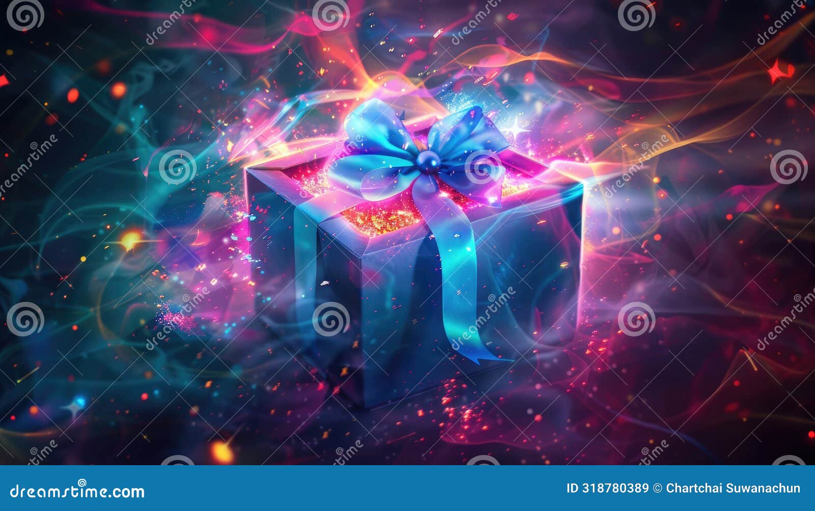 A Blue Box with a Blue Ribbon is Exploding in a Colorful Explosion of ...