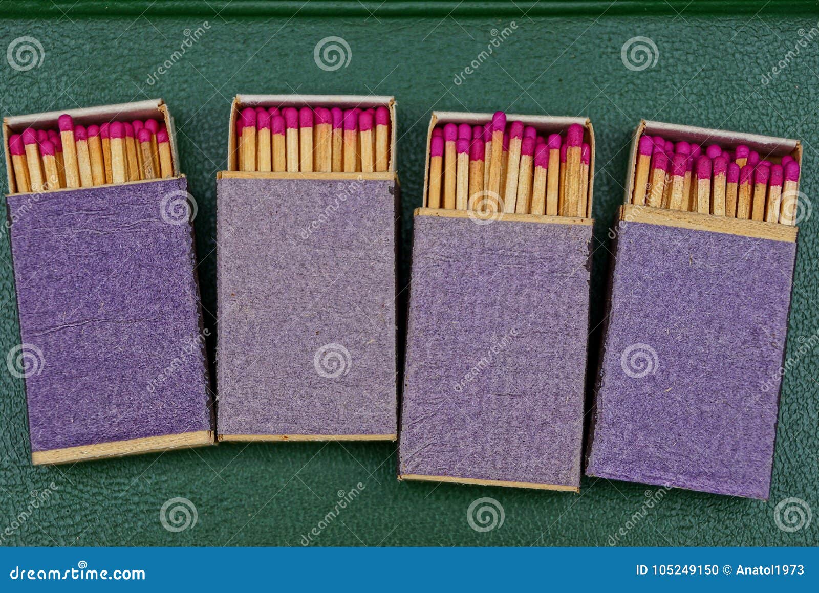 Blue Boxes Full of Matches on a Green Table Stock Photo - Image of heap ...