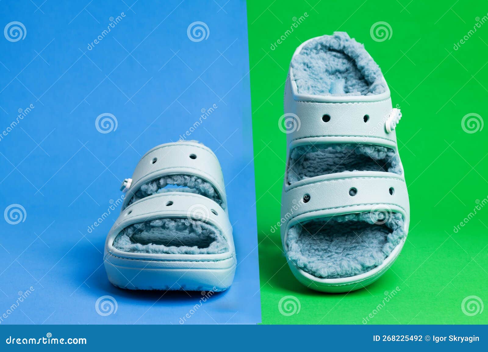 Blue Branded Crocs Sandals on Green and Blue Background. Top View ...
