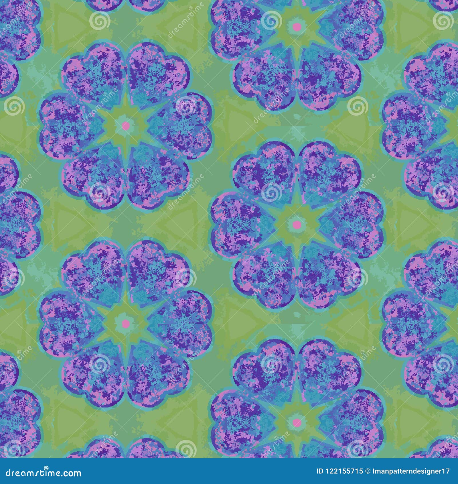 Blue Bright Flowers Over Green Background in a Repeating Pattern Stock ...