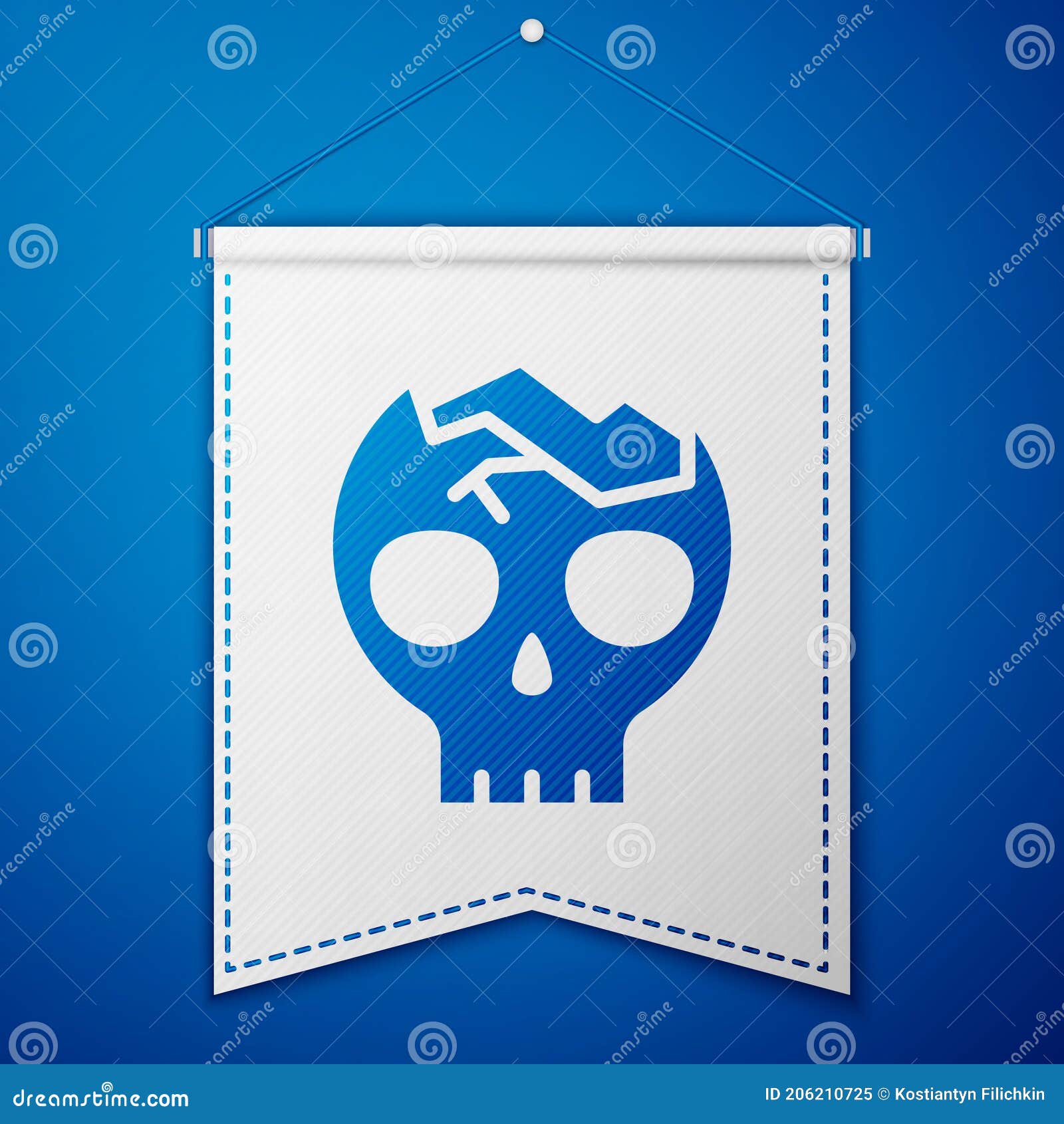 Blue Broken Human Skull Icon Isolated on Blue Background. White Pennant ...