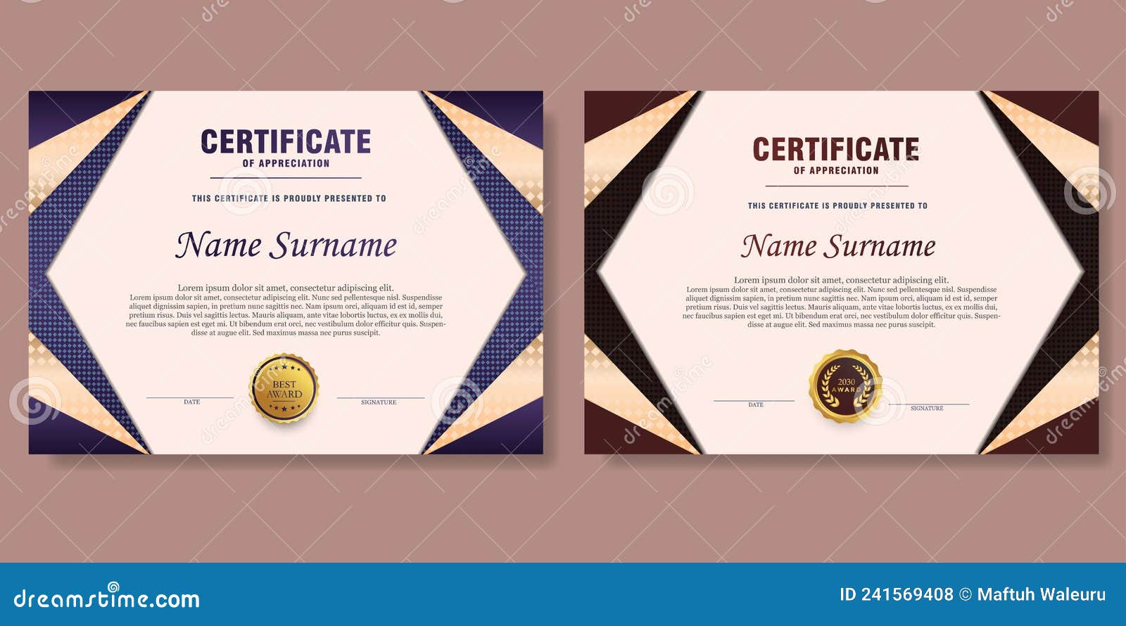 Blue Brown Gradient Certificate Template Set of 2, Simple Modern Design Diploma or Gift ...
