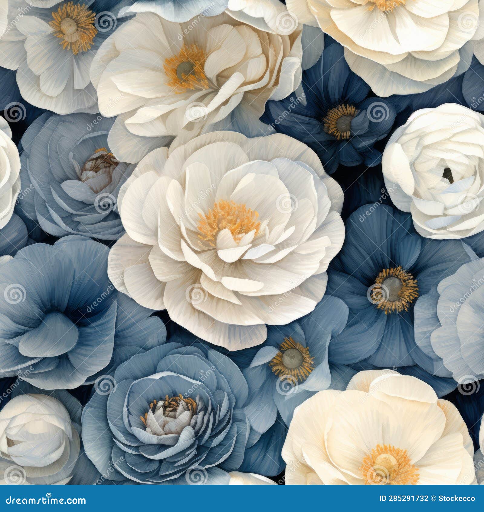 Blue and Brown Ranunculus with White Border - Repeating Pattern Prints ...