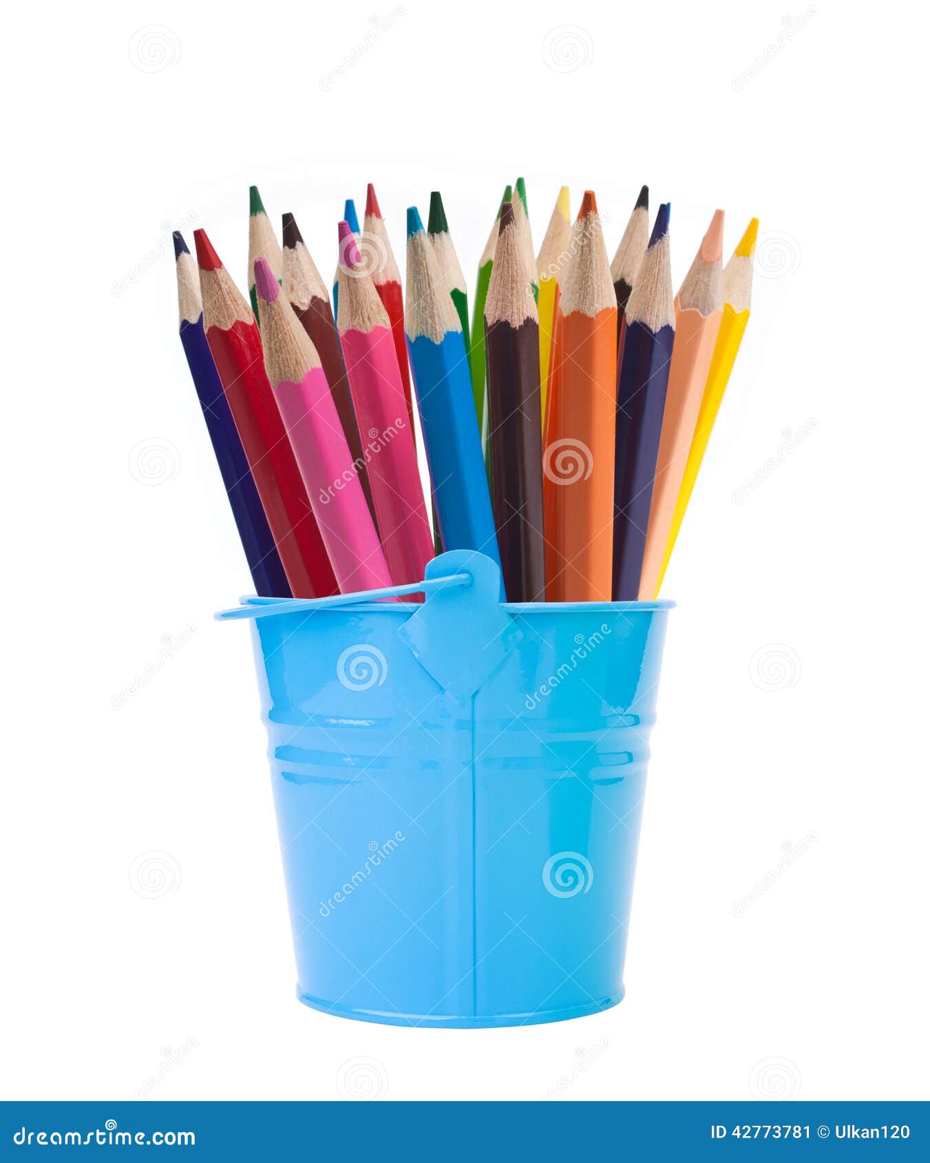 Blue Bucket with Color Pencils Stock Image - Image of container, bright ...