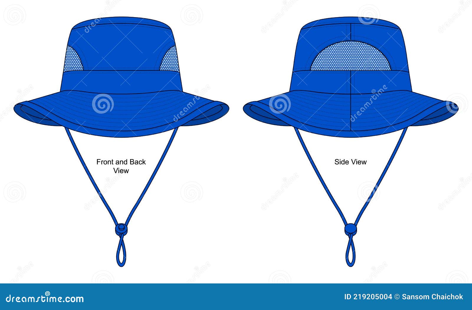 Blue Bucket Hat with Mesh at Sides Template on White Background.Front ...
