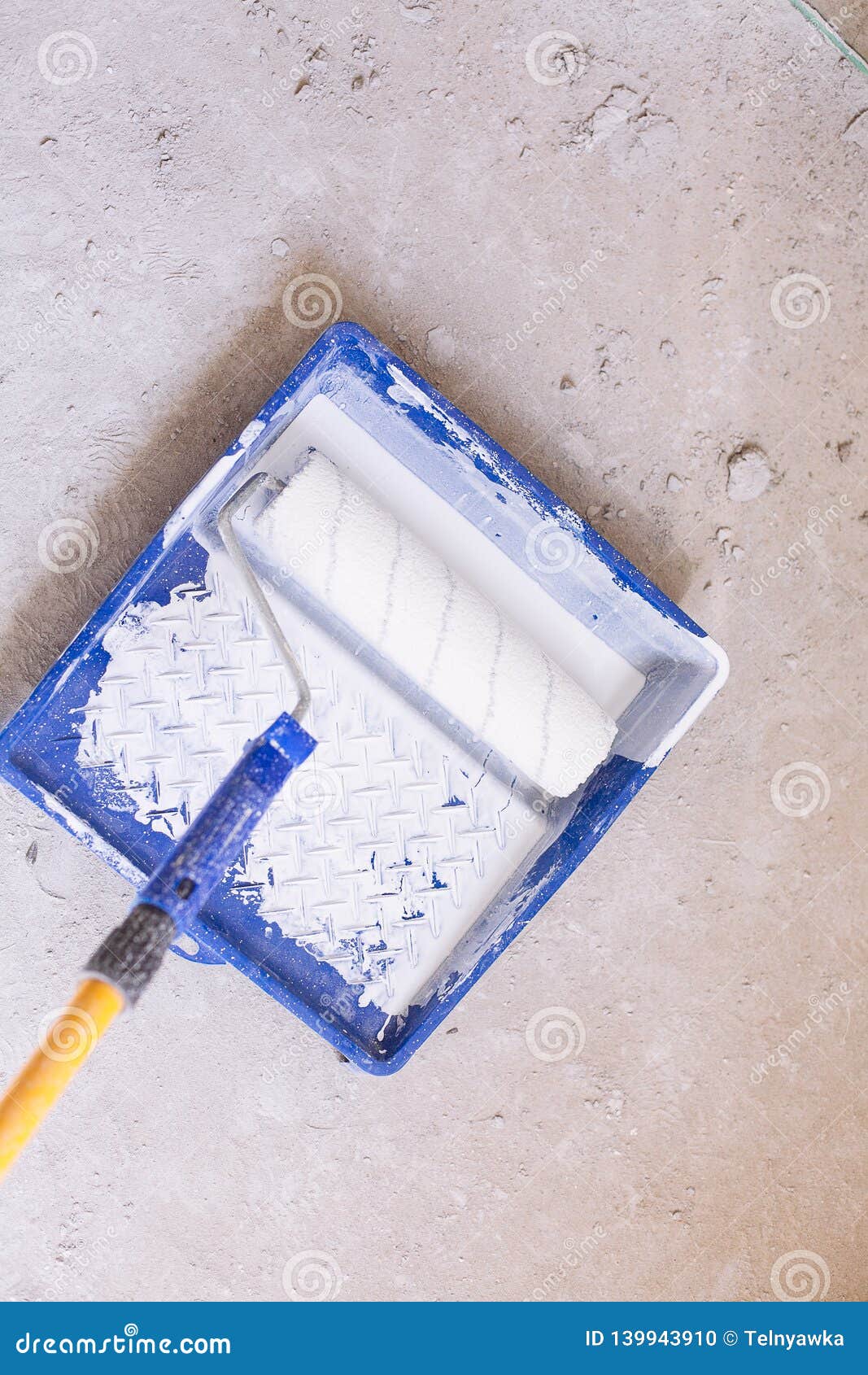 Blue Bucket with Paint and a Brush Roller Paint Tray Stock Photo ...
