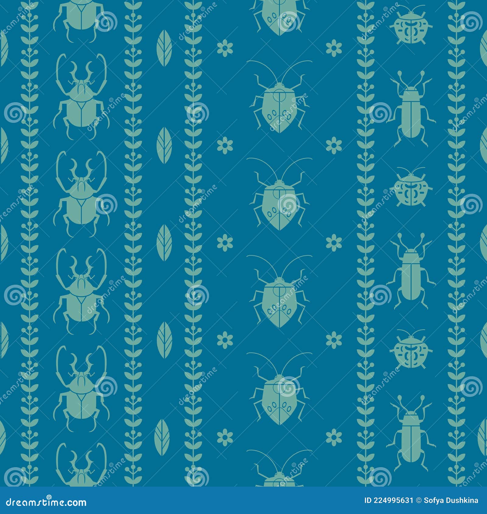 Blue Bug Seamless Pattern. Striped Vector Texture with Different Bugs ...
