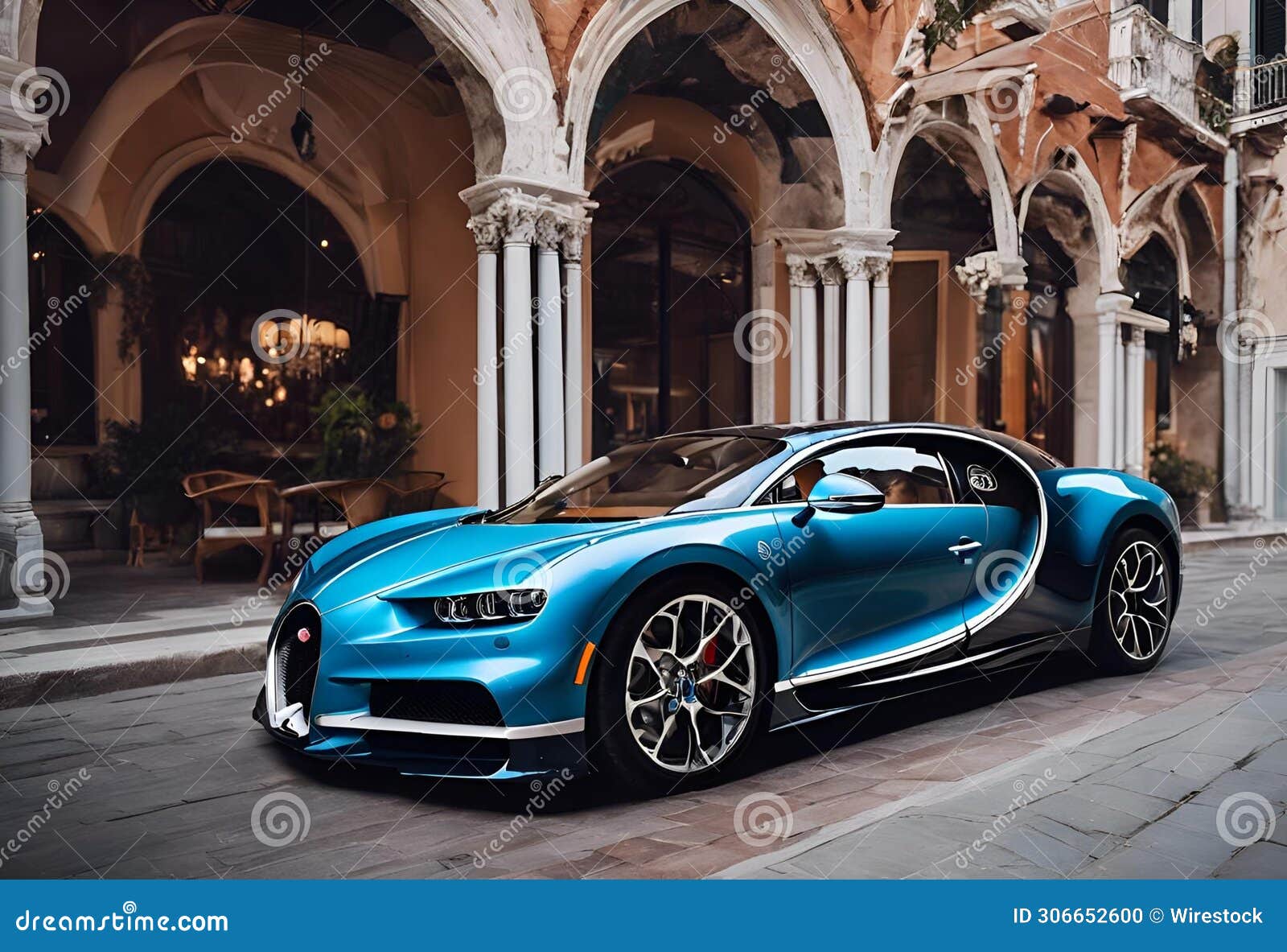 A Blue Bugatti Is Parked Outside A Building With Pillars In The ...