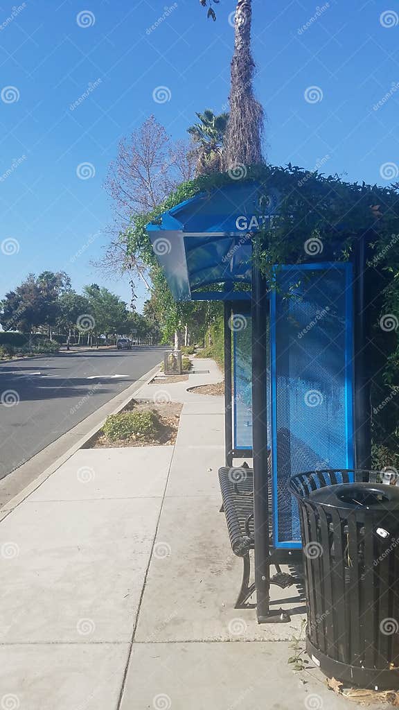 Blue Bus Stop stock image. Image of stop, sidewalk, trashbin - 177670555