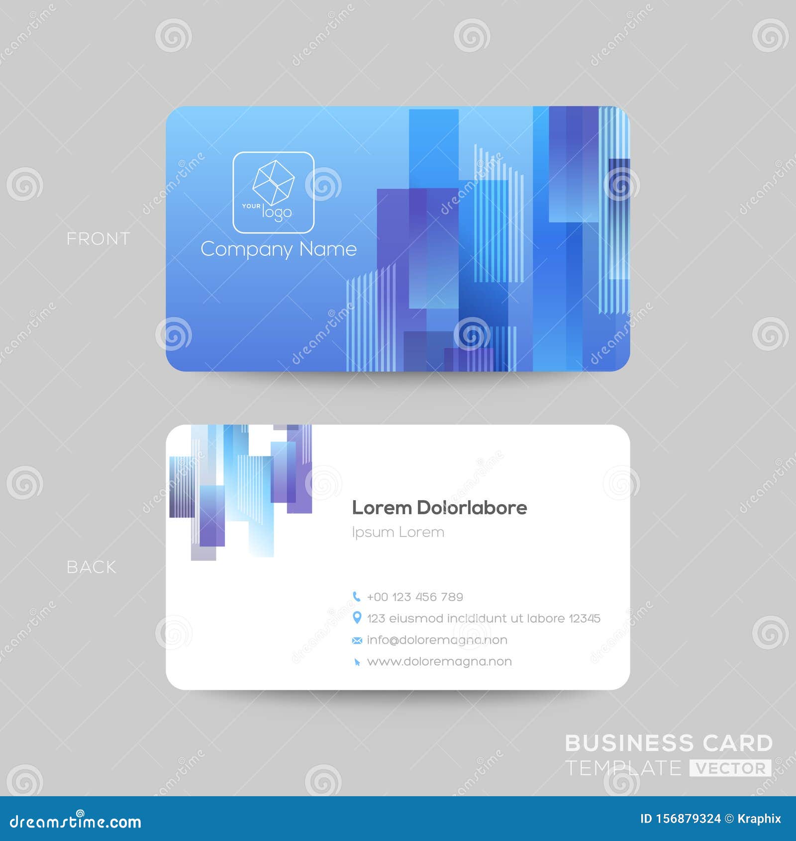 Blue Business Card Template with Rectangle Shape Graphic Element on ...