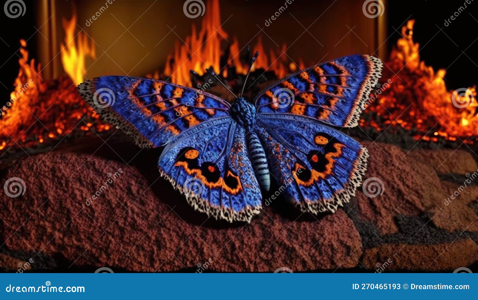 A Blue Butterfly Sitting on a Rock in Front of a Fire Place with Flames ...