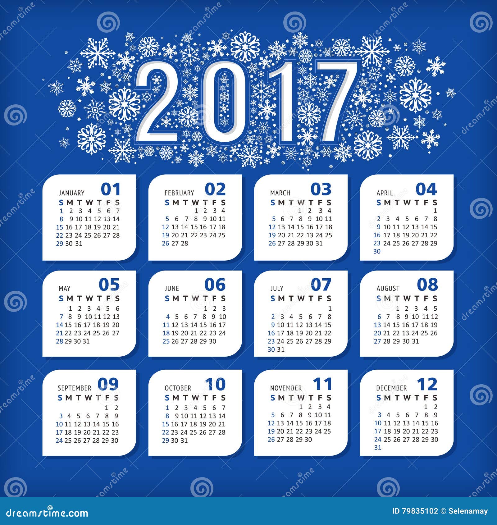 2017 Blue Calendar with Stylized Snowflakes Stock Vector - Illustration ...