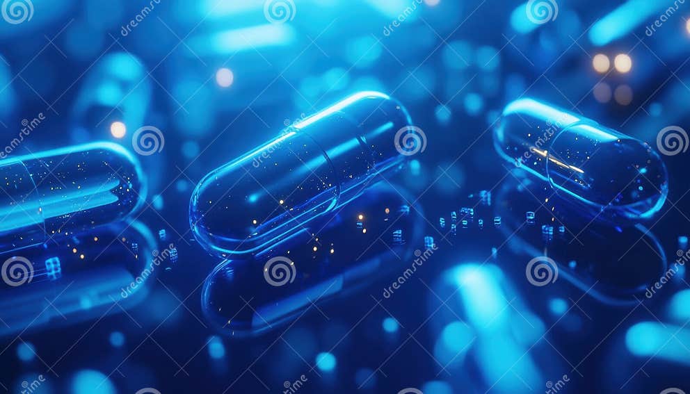 Blue Capsules Float in a High-tech Environment with Glowing Particles during Nighttime Stock ...