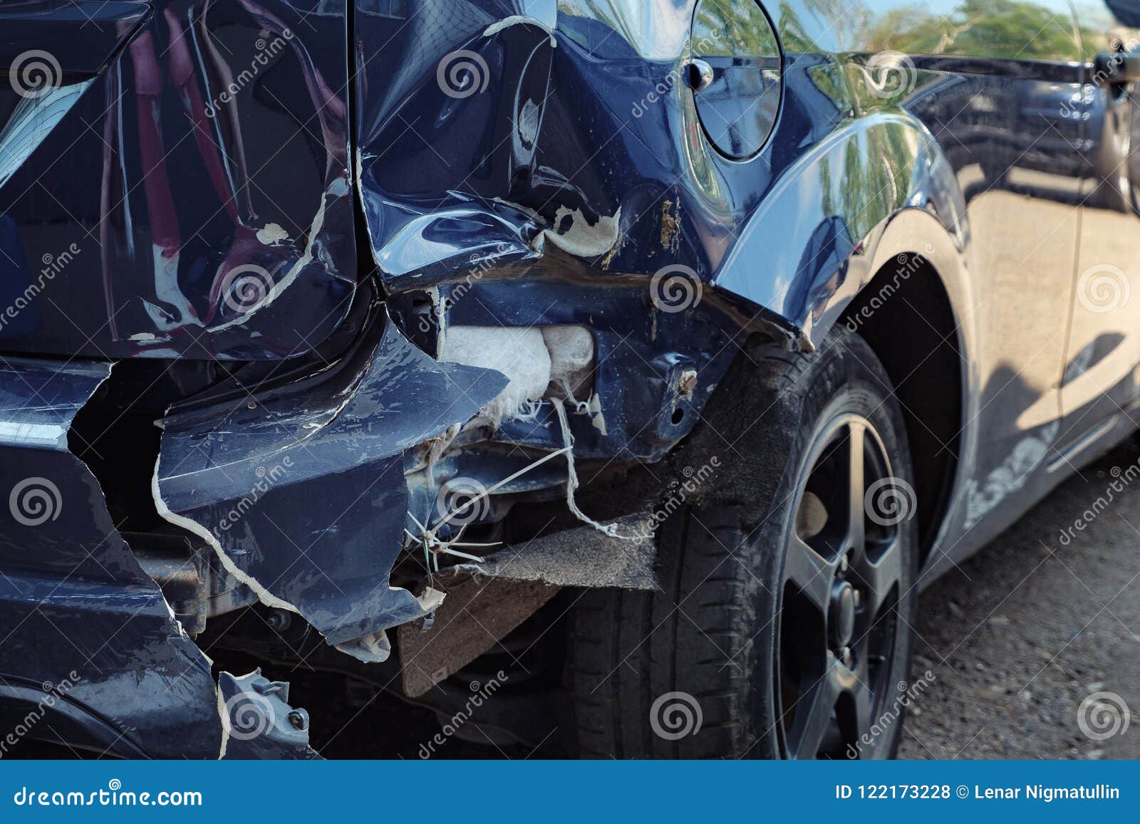 Blue Car with a Big Dent on the Rear Hood Stock Photo - Image of crash ...