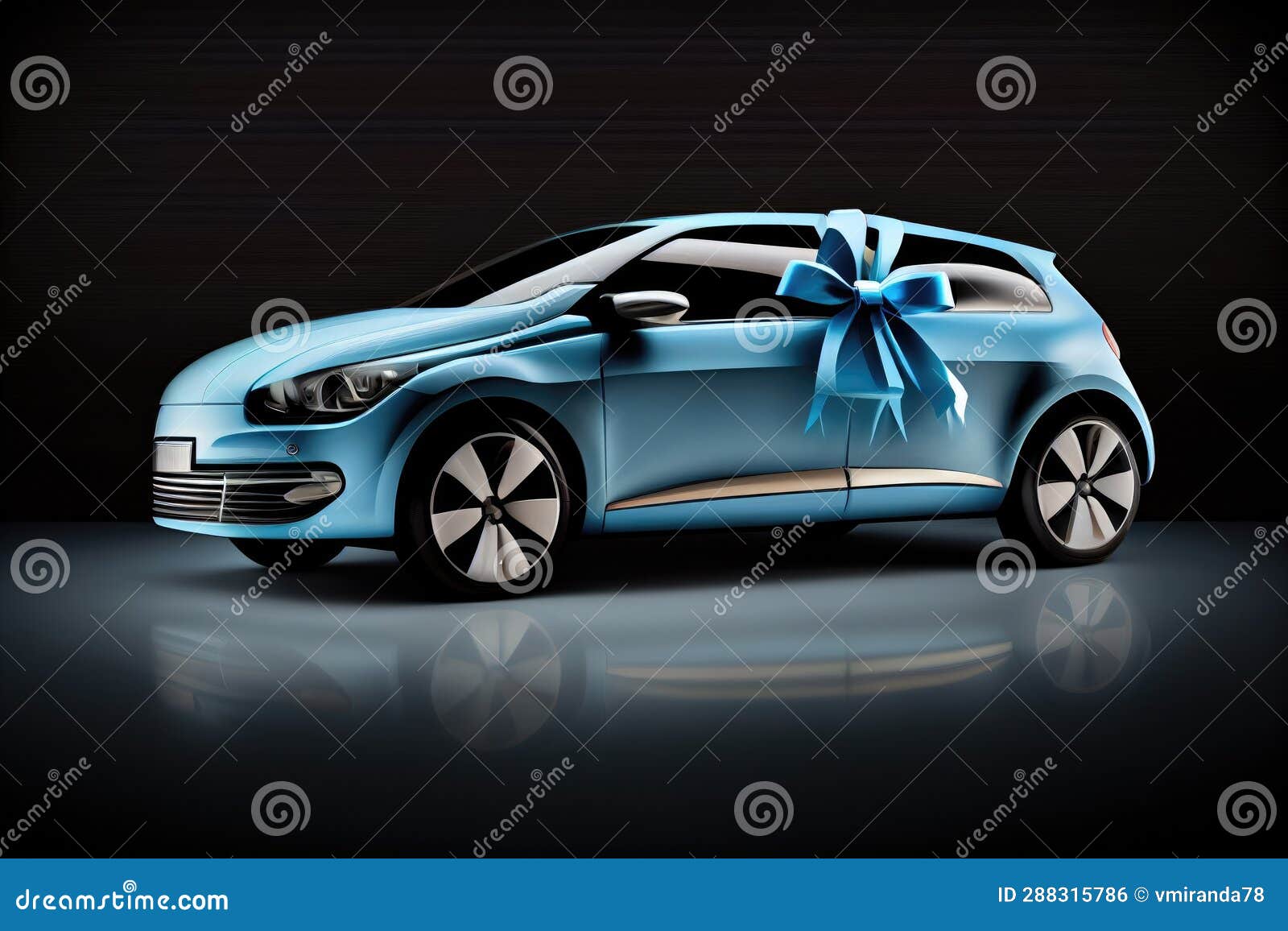 Blue Car with Blue Bow on Black Background. Car Gift Concept ...
