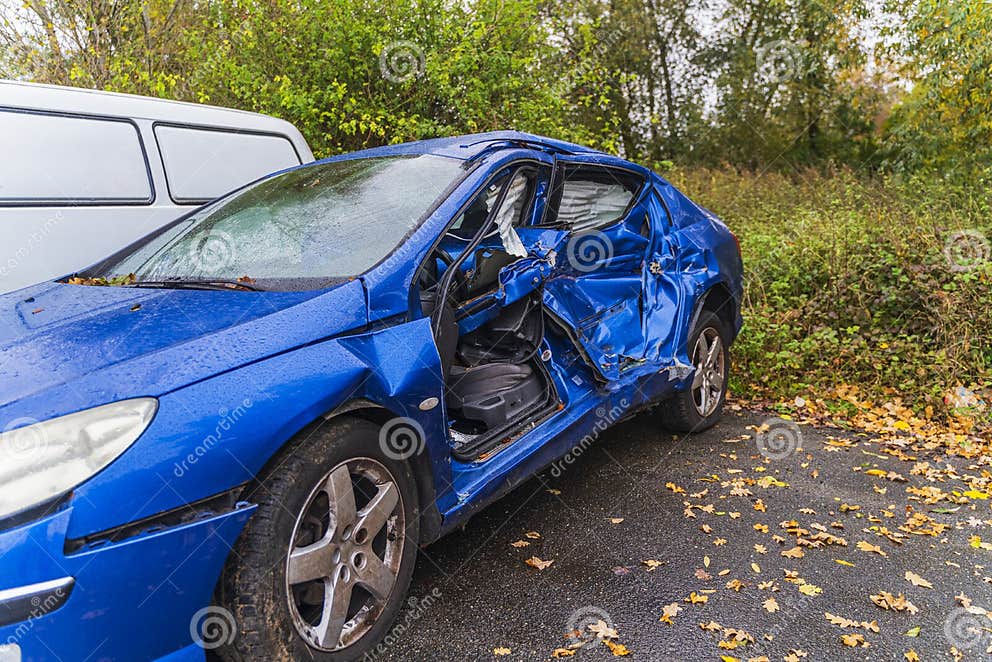 Blue Car Crashed from the Driver& X27;s Side Stock Photo - Image of ...