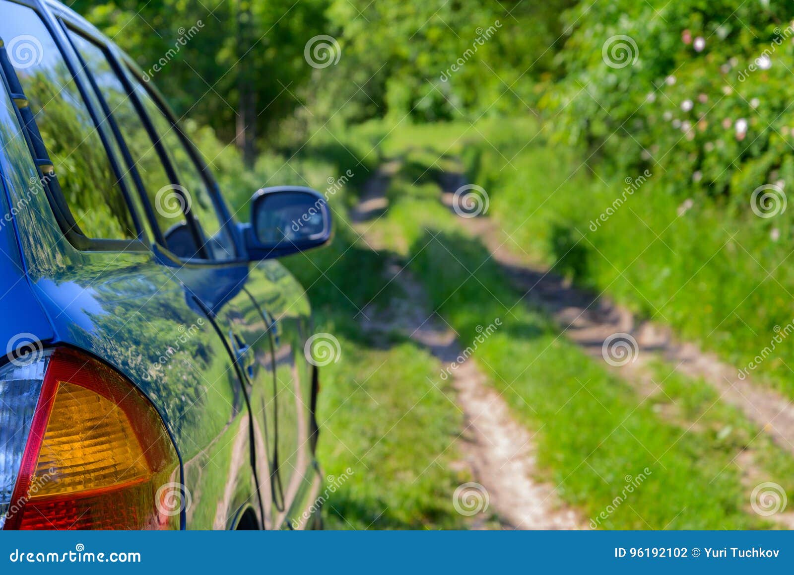Blue car in forest stock photo. Image of auto, travel - 96192102