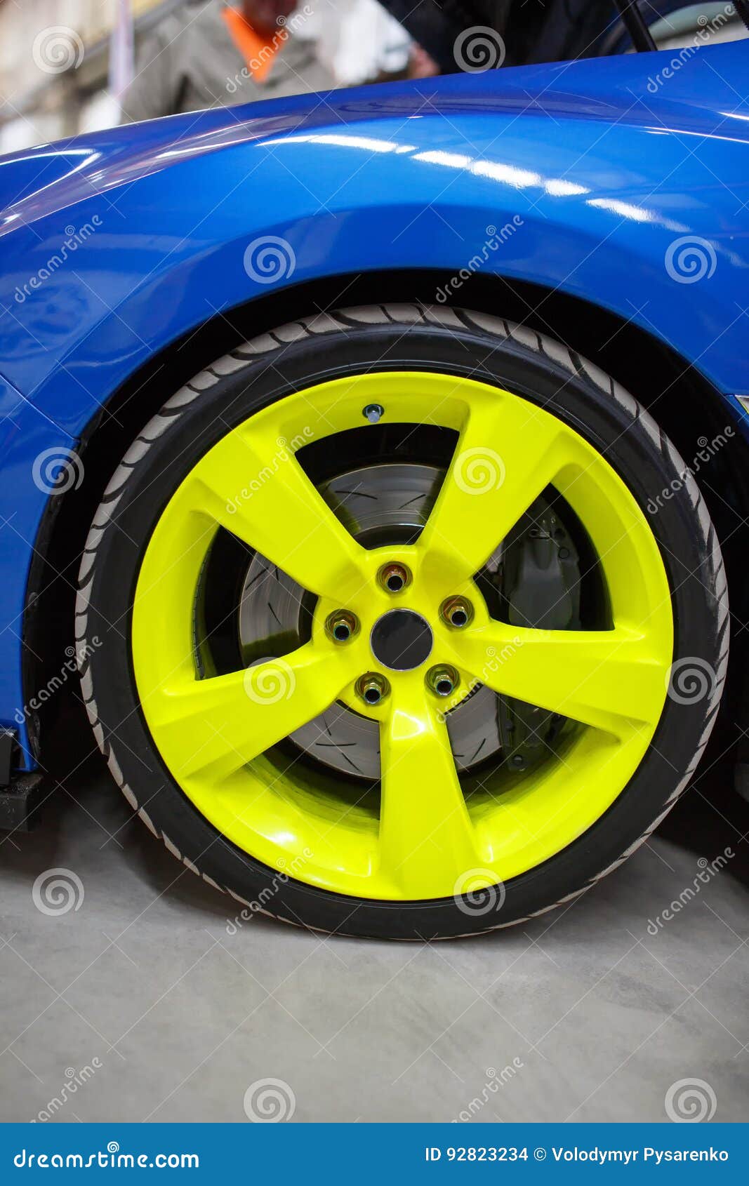 Blue Car with Green Alloy Wheel Indoor Stock Photo - Image of awesome ...