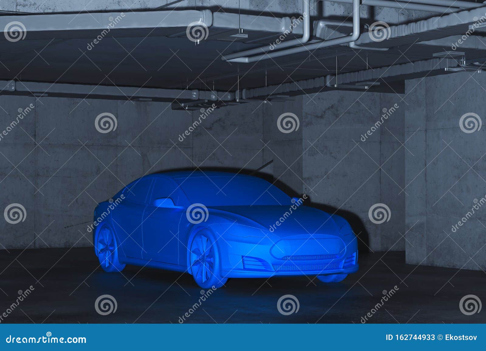 Blue Car Model in Concrete Interior. 3d Rendering. Stock Illustration ...