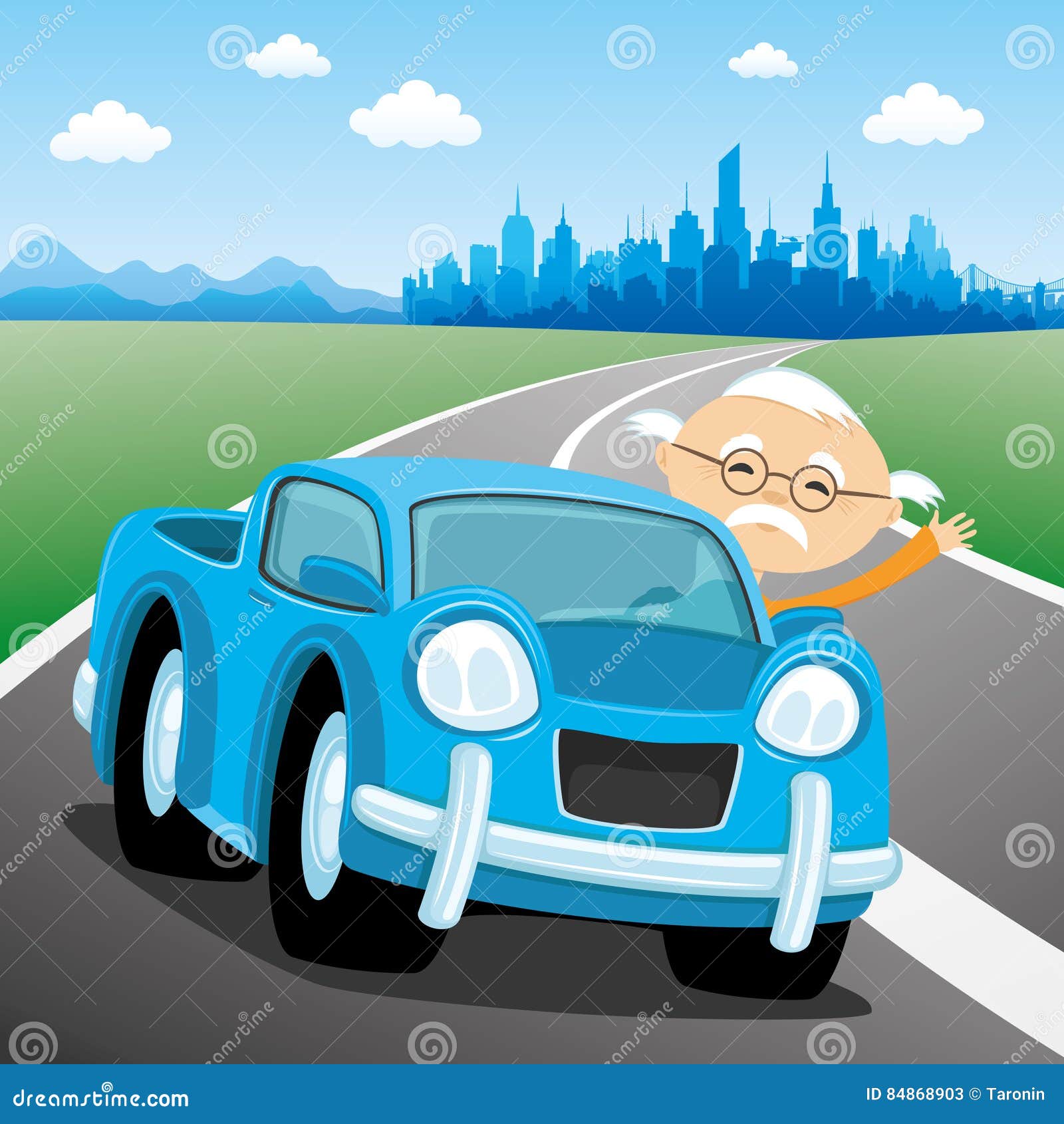 Blue car on the road. stock vector. Illustration of cartoon - 84868903