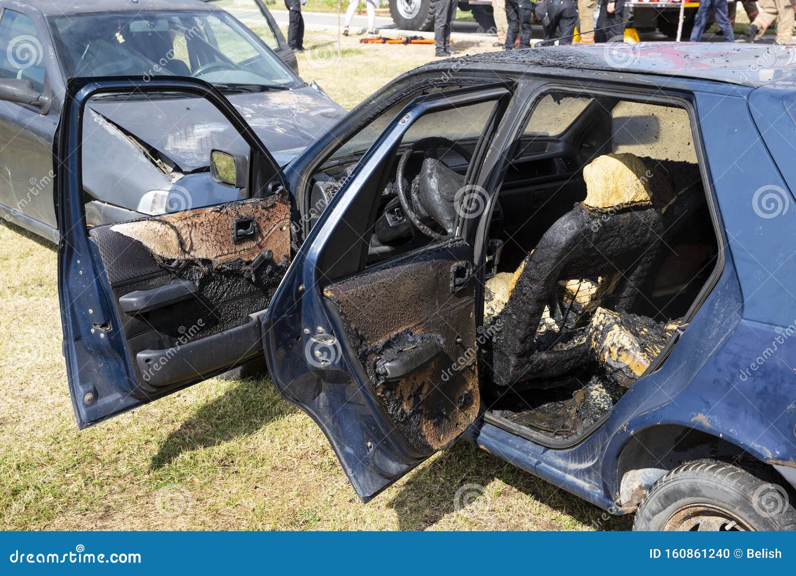 Car crash fire aftermath stock photo. Image of explosion - 160861240