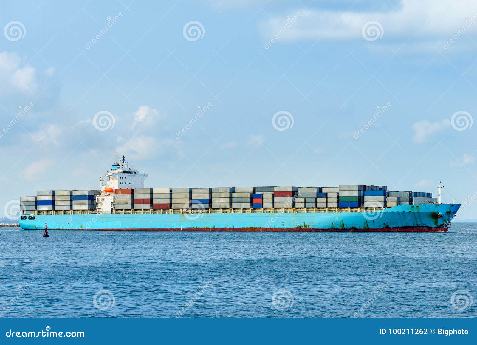 Blue Cargo Container Ship Anchored in Harbor Stock Photo - Image of ...