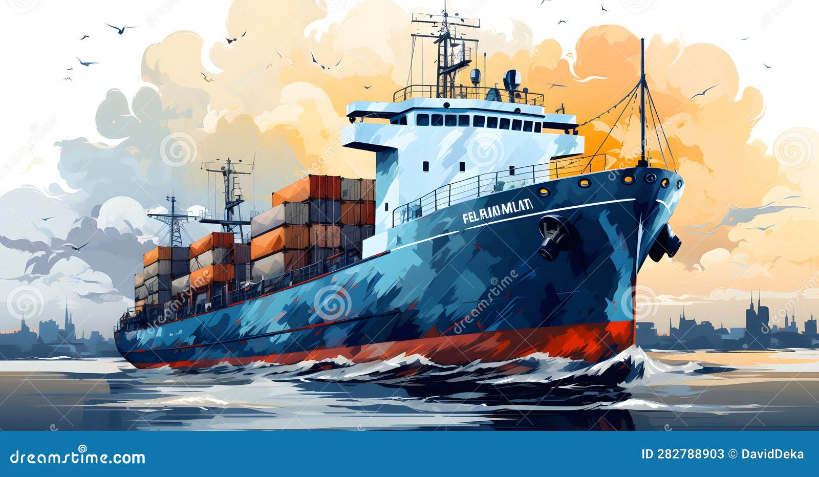 Blue Cargo Ship with Containers on the Water. Vector Illustration in ...