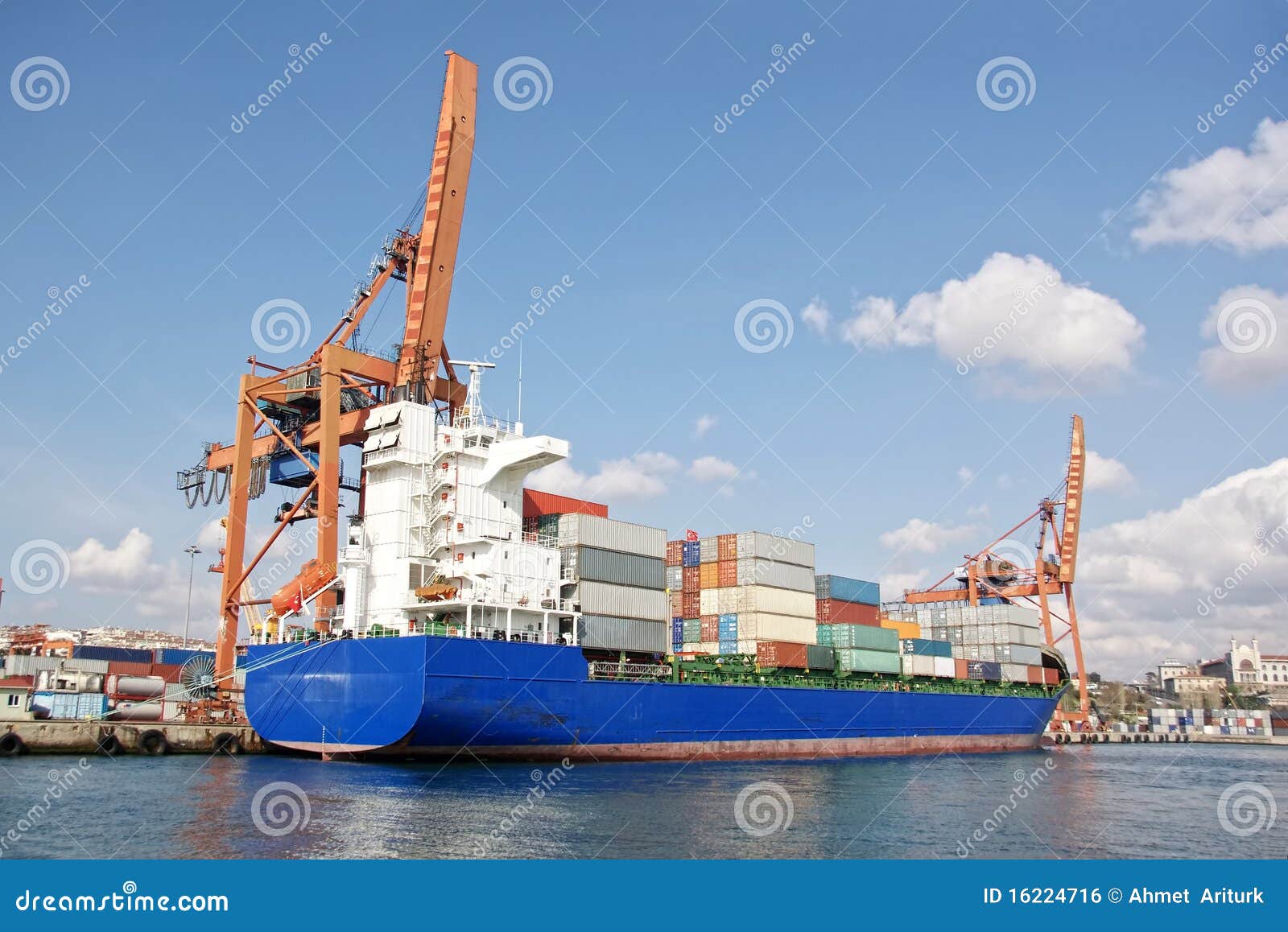 Blue cargo ship in harbor stock photo. Image of export - 16224716