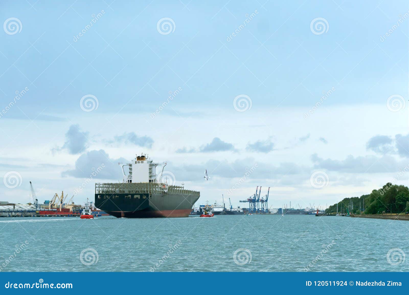 Blue Cargo Ship on Water, Huge Empty Container Ship Stock Photo - Image ...