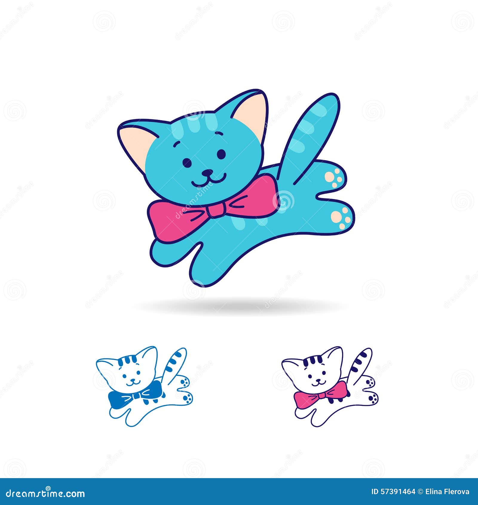 Blue Cat or Kitty Icon with Bow, Line and Flat Style. Stock Vector ...