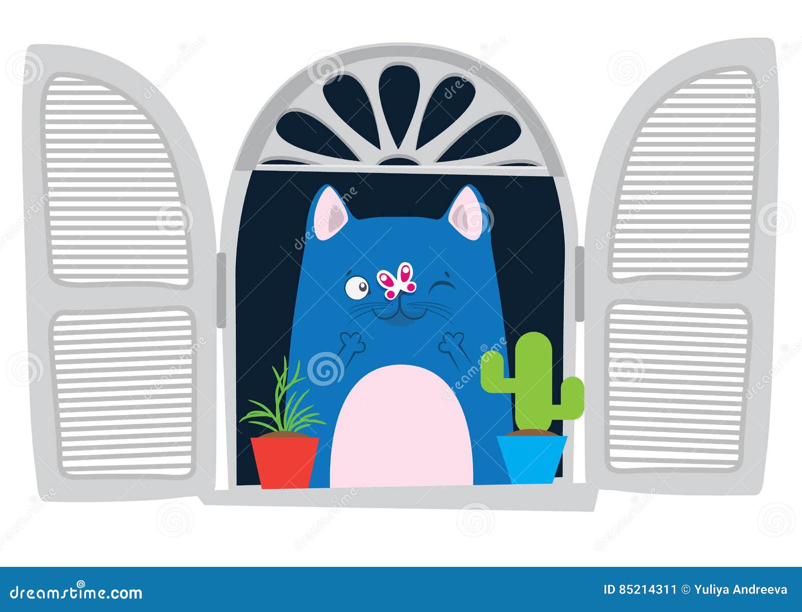 Blue cat in the window. stock vector. Illustration of graphic - 85214311