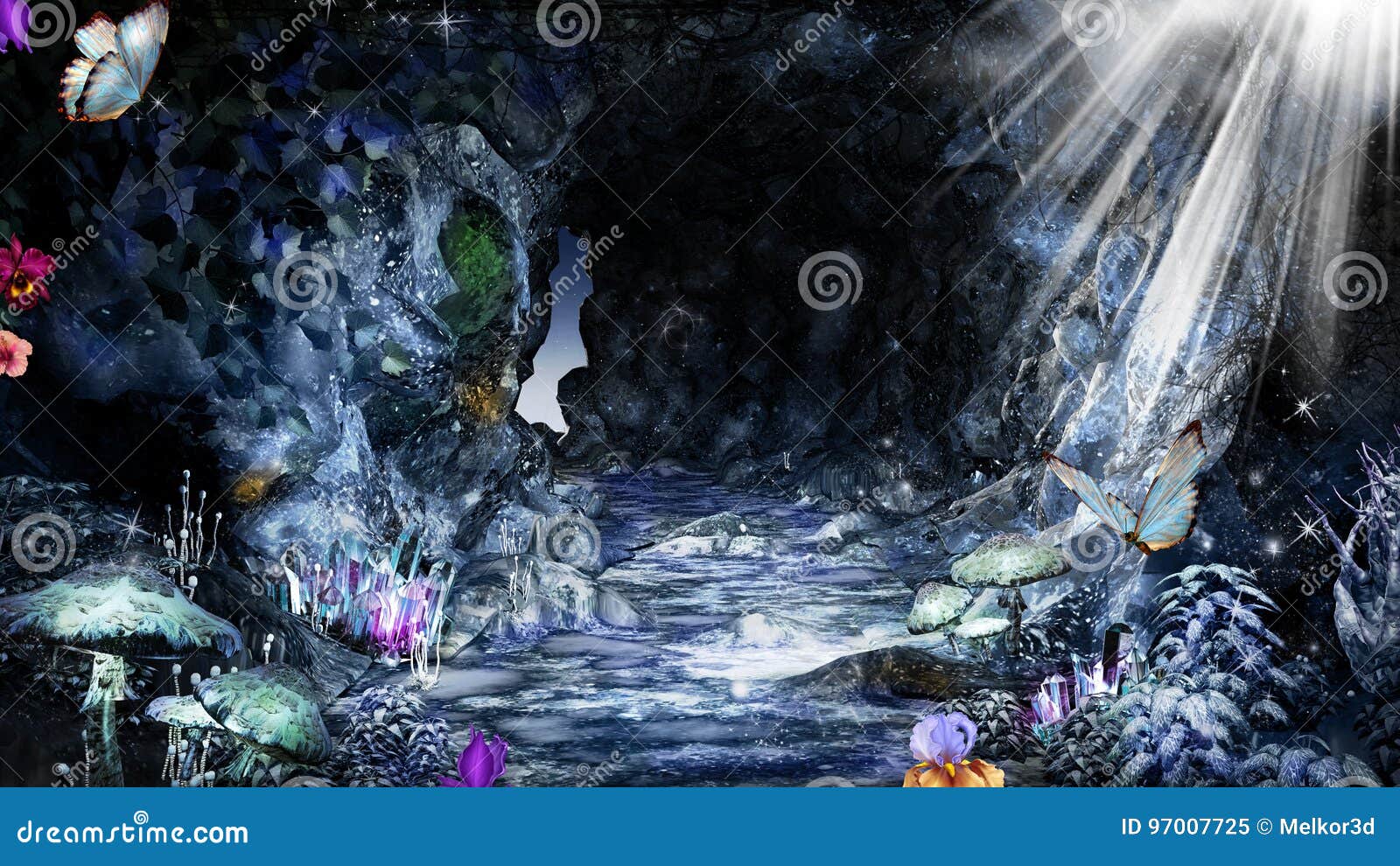 Magic Cave. Fairy Landscape Of A Cave With Crystals And Mystery Lights ...
