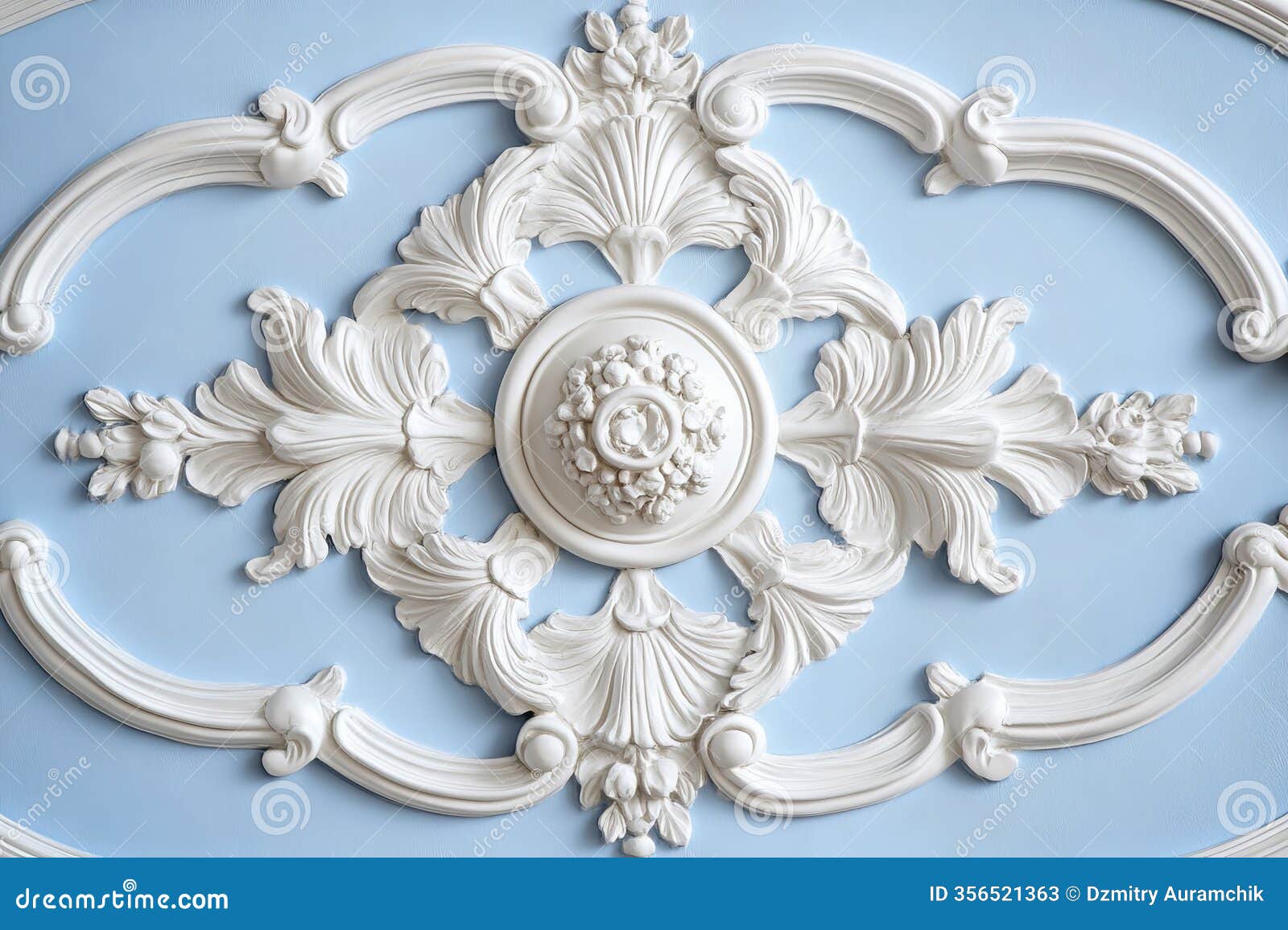 A Blue Ceiling Background with White Bas-relief, Highlighting Gypsum ...