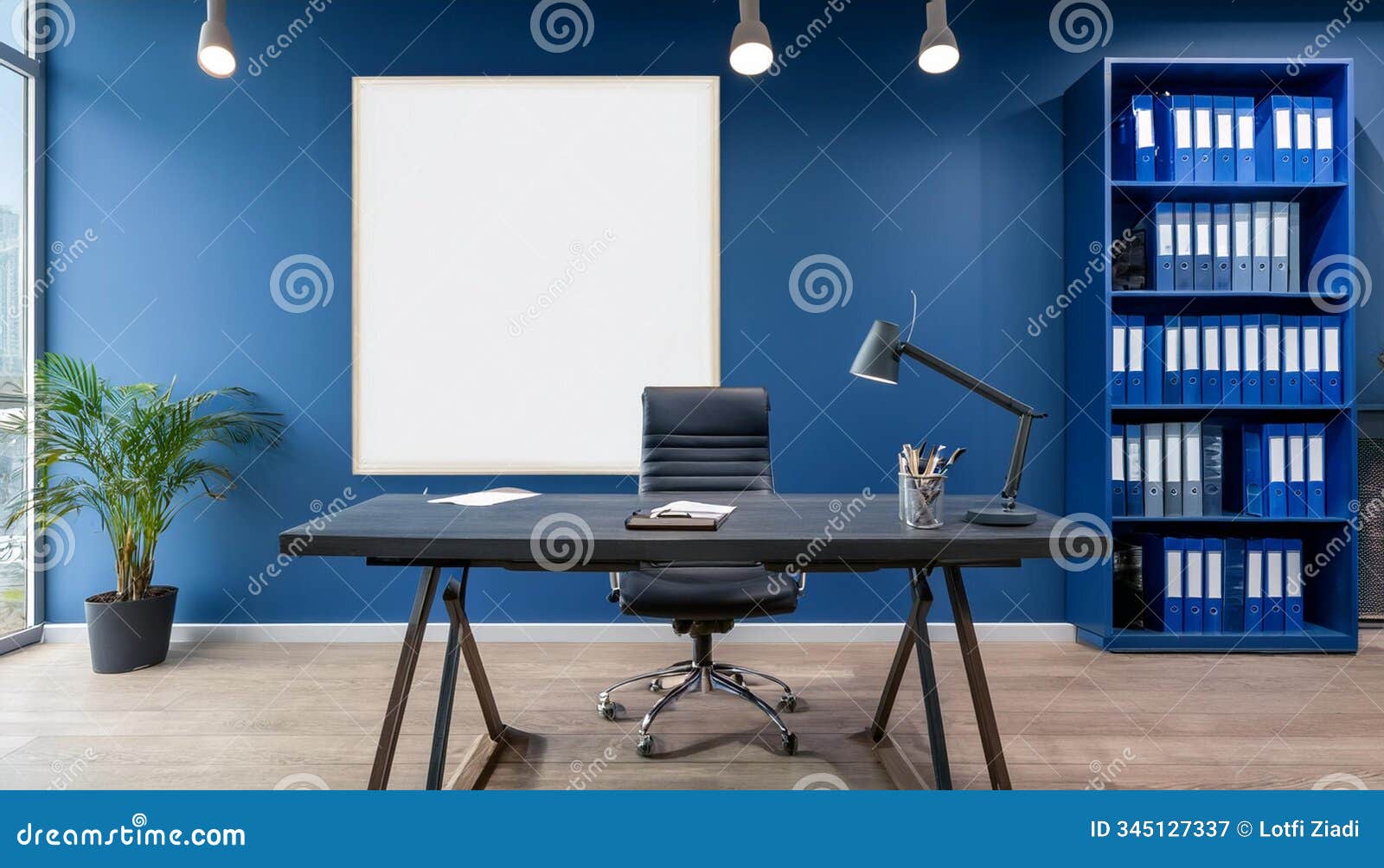 Blue CEO Office Interior with Bookcase and Poster Stock Illustration ...