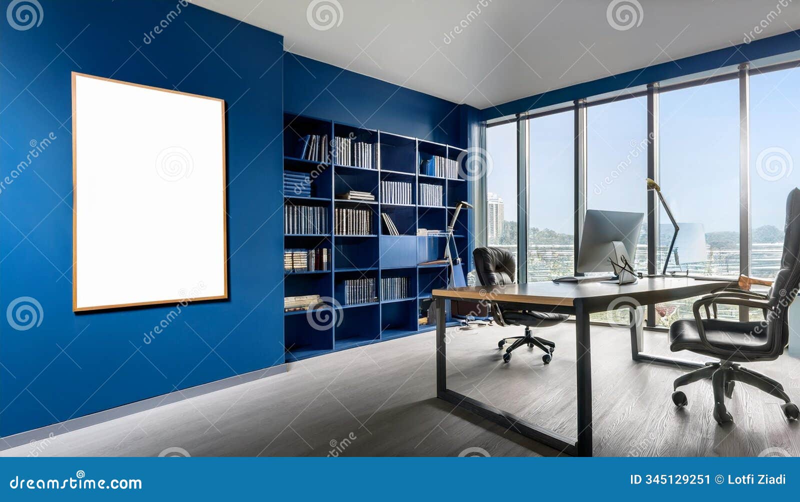 Blue CEO Office Interior with Bookcase and Poster Stock Illustration ...