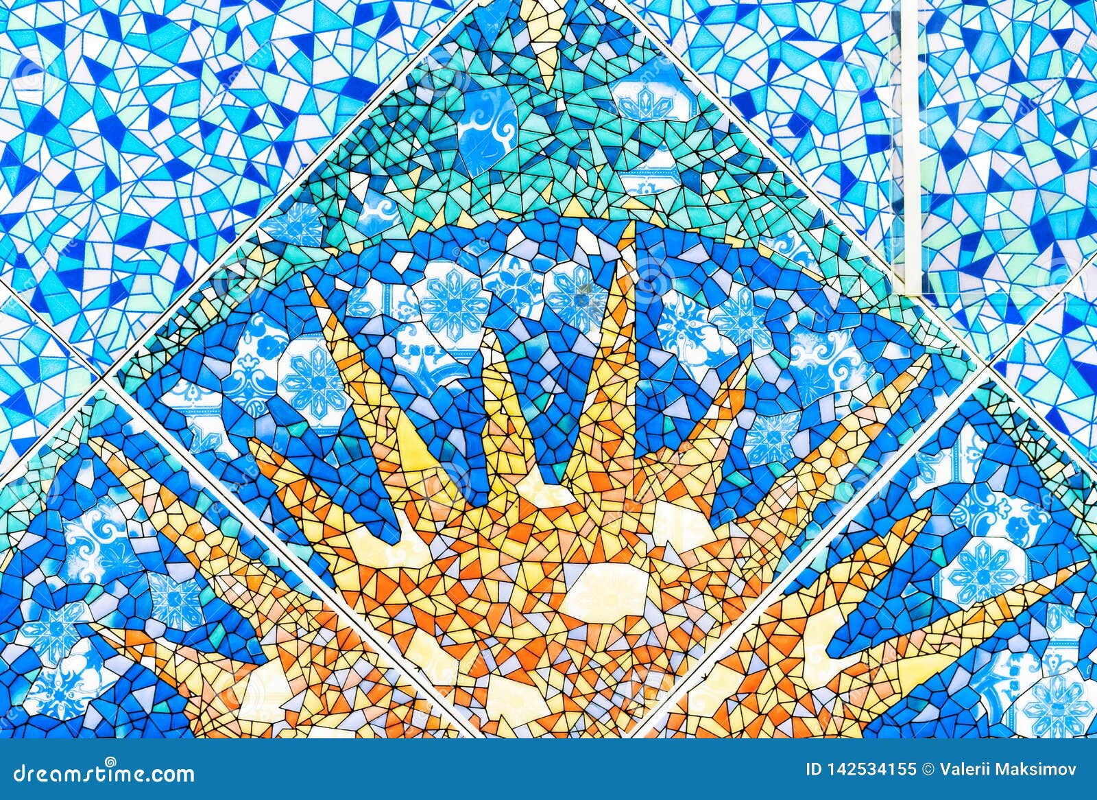 Blue Ceramic Mosaic Tile with the Image of the Sun. Background and ...