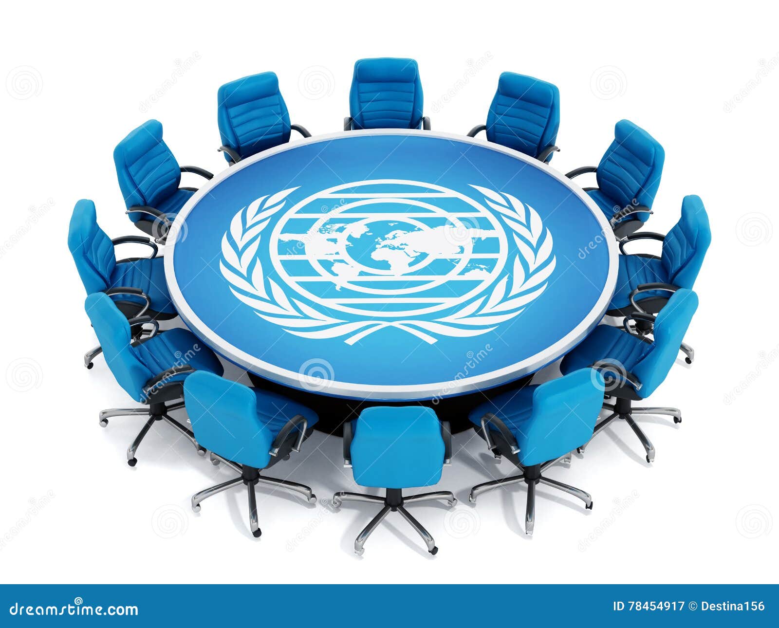 Blue Chairs Around Round Table with World and Laurels Symbol Editorial ...