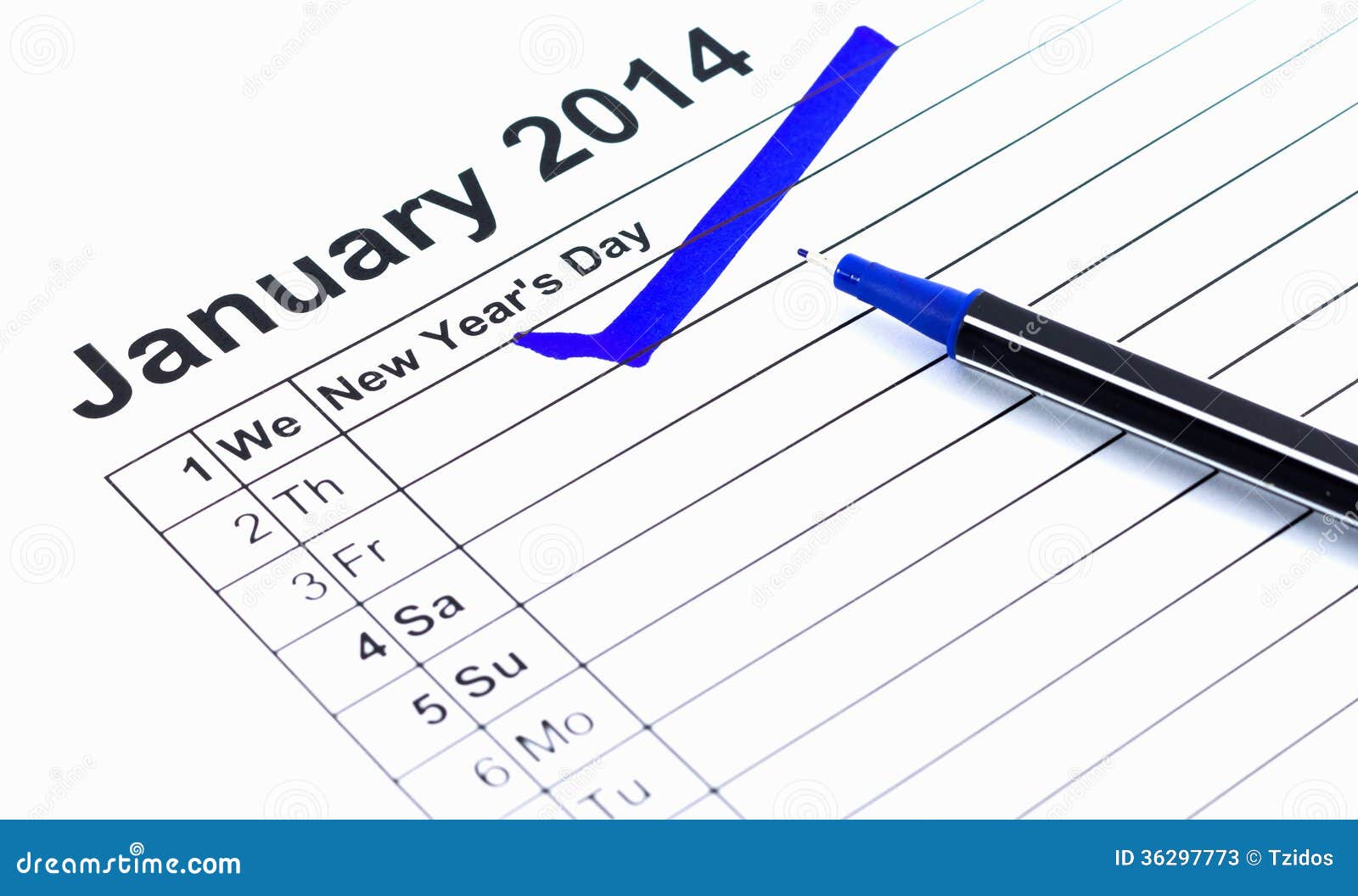 Blue Check. Mark on the Calendar at 1St January 2014, New Year S Stock ...