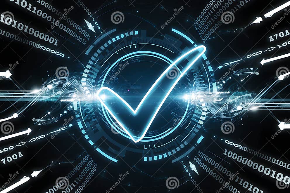 Blue Checkmark Amid Binary Codes, Conveys Success in Sleek Digital Environment. Stock ...