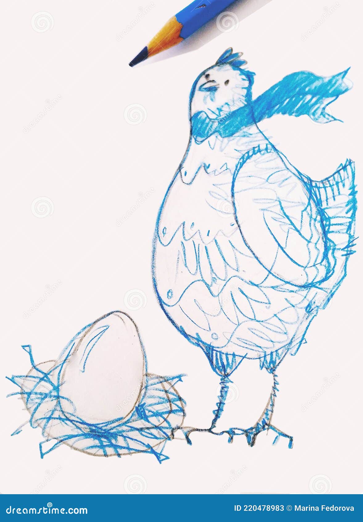 Blue Chicken Drawn with Blue Pencil Stock Image - Image of white ...