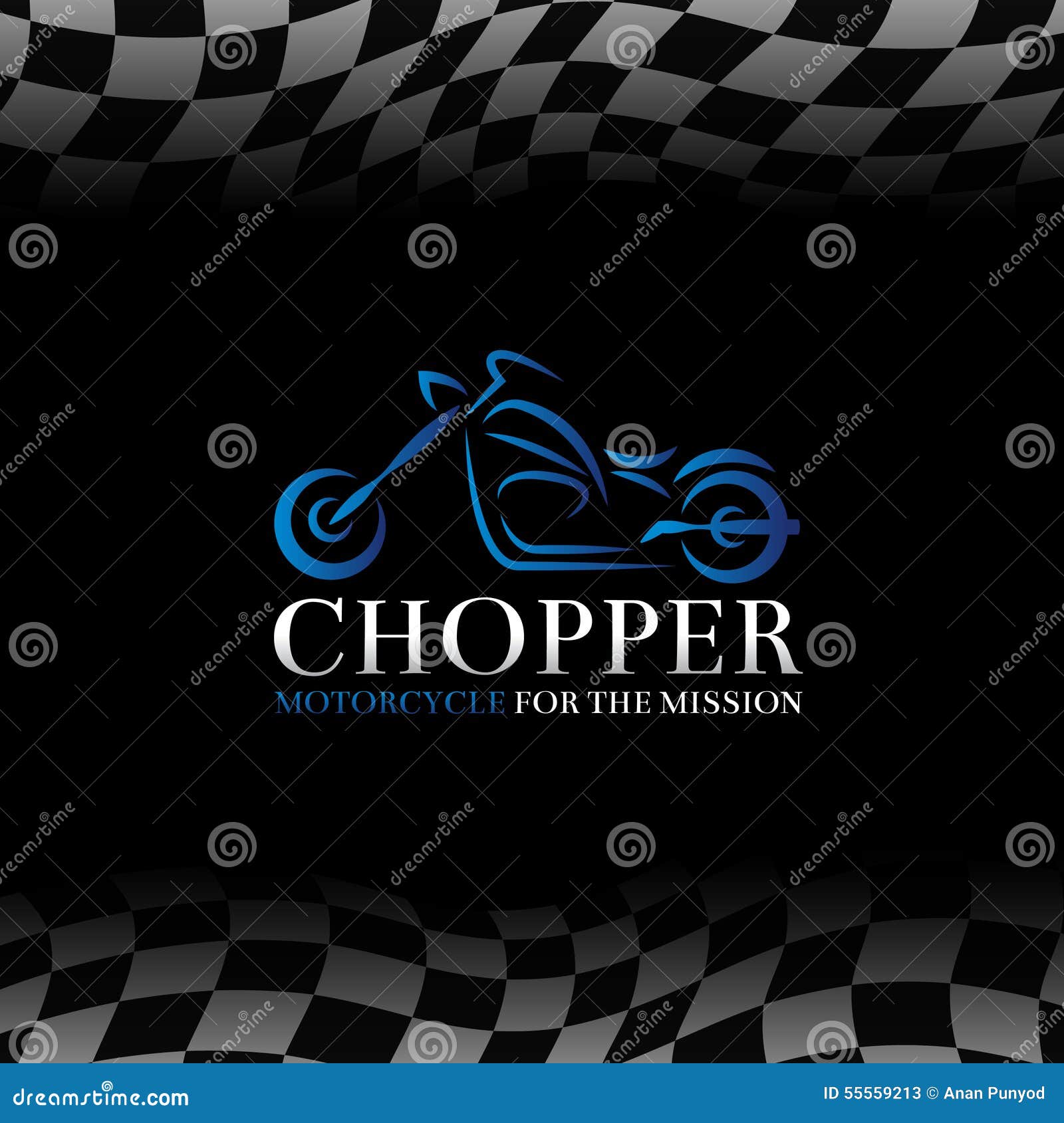 Blue Chopper Motorcycle Logo Symbol and Checkered Flags Background ...