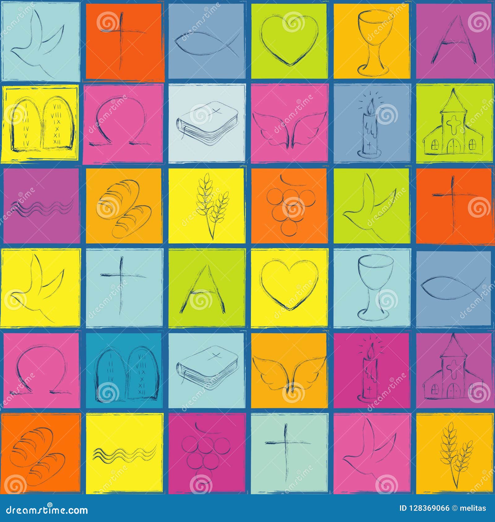 Blue Christian Symbols Pattern on Colored Checkerboard Background ...